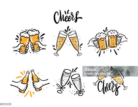 맥주 안경 건배 손으로 그린 벡터 일러스트 레이 션 세트입니다 만화 스타일입니다 흰색 배경에 고립입니다 술 마실 것에 대한 스톡