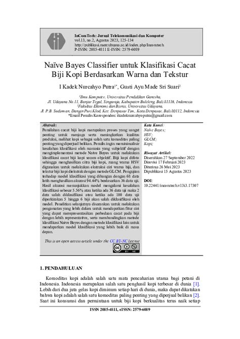 Pdf Naïve Bayes Classifier Untuk Klasifikasi Cacat Biji Kopi