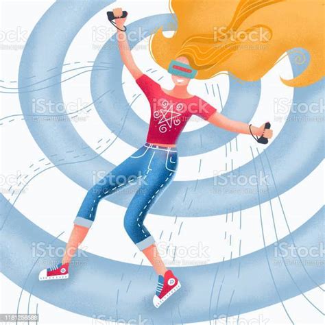 가상 현실 헤드셋을 착용 소녀 만화 손으로 그린 그림 동심원의 배경에 대한 가상 현실 시뮬레이터로 노는 젊은 여성 3차원 형태에