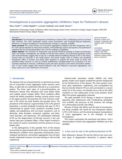 Pdf Investigational Synuclein Aggregation Inhibitors Hope For