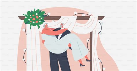 결혼식 중 꽃 아치 아래에서 신부를 안고 있는 늙은 신랑 노부부 캐릭터가 결혼하고 행복한 노인 신부 남자와 여자가 사랑한다 만화 사람들 벡터 일러스트레이션 벡터