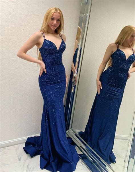 Mermaid Navy Spaghetti Straps Backless Prom Dress Demeixin Dress