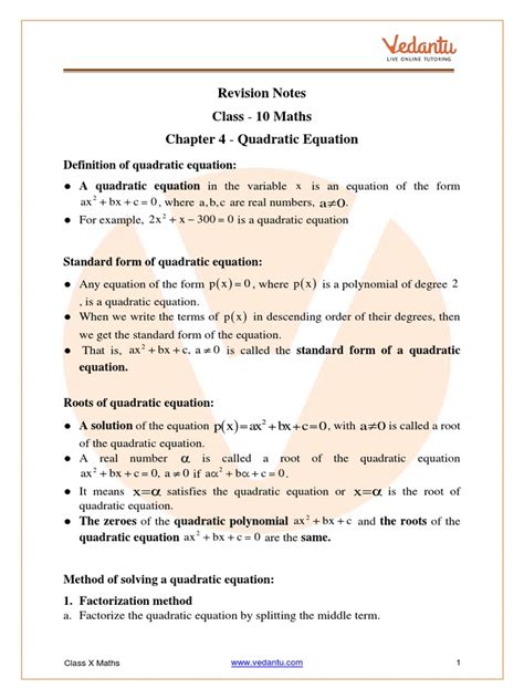 Class 10 Revision Notes Quadratic Equations Pdf Equations Quadratic Equation