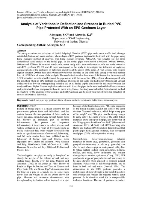 Pdf Analysis Of Variations In Deflection And Stresses In Buried Pvc