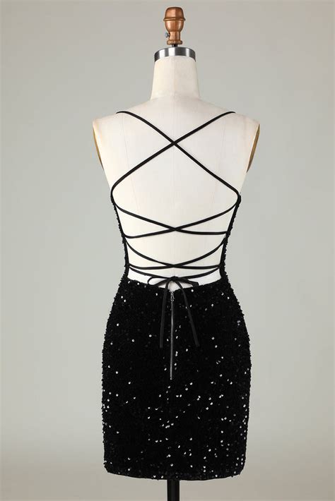 Zapakasa Women Black Bodycon Homecoming Dress Spaghetti Straps Sequin
