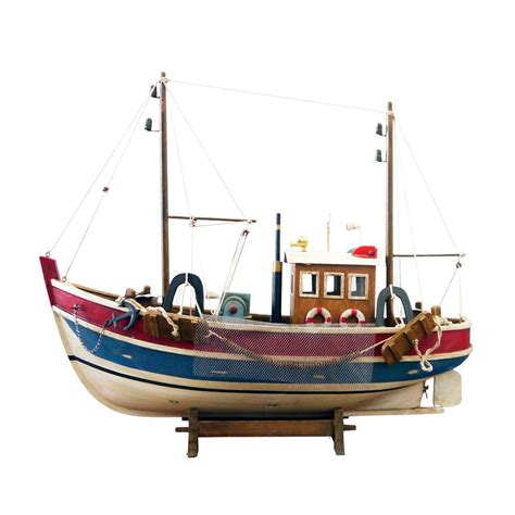 Miniatura Barco Pesqueiro Grande Azul Branco Vermelho Em Madeira