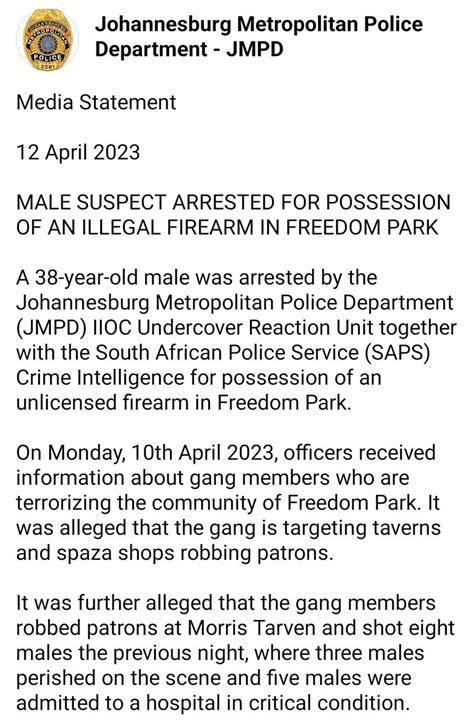 Joburg Metro Police Department Jmpd On Twitter Media Statement