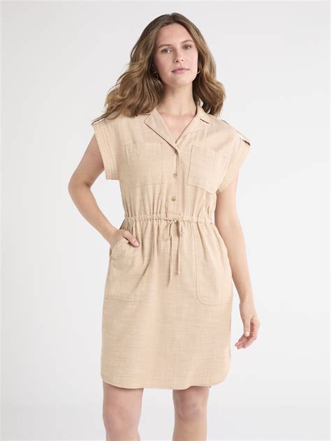 Time And Tru Womens Utility Shirt Dress Short Sleeve Midi With Chest