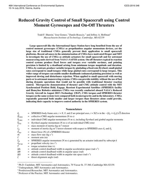 Pdf Reduced Gravity Control Of Small Spacecraft Using Control Moment Gyroscopes And On Off