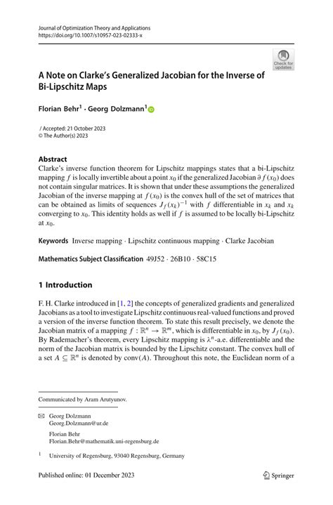 Pdf A Note On Clarkes Generalized Jacobian For The Inverse Of Bi Lipschitz Maps