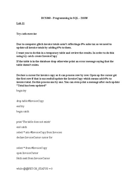 Lab11 Programming In Sql Bcs360 Programming In Sql 21038 Lab 11 Try Cath Exercise Due To