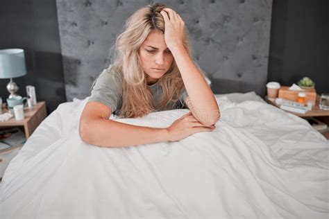 Stress Anxiety And Depression A Woman In Bed Thinking Sad And