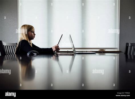 Side View Of Girl Using Laptop Computer While Sitting At Home Stock Photo Alamy