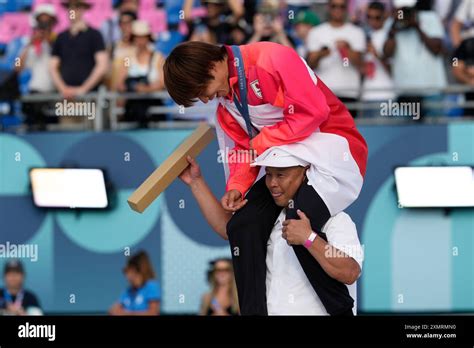 Yuto Horigome Of Japan Is Carried By His Coach After Winning The Gold