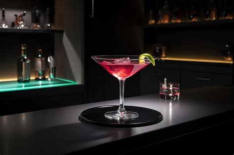 A Martini Glass With A Lime Wedge On The Rim Sits On A Bar Counter
