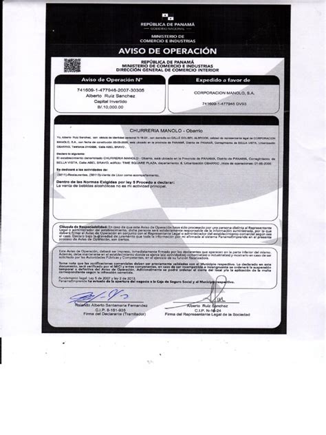 Aviso de Operaciones - Corporación Manolo, S.A | PDF