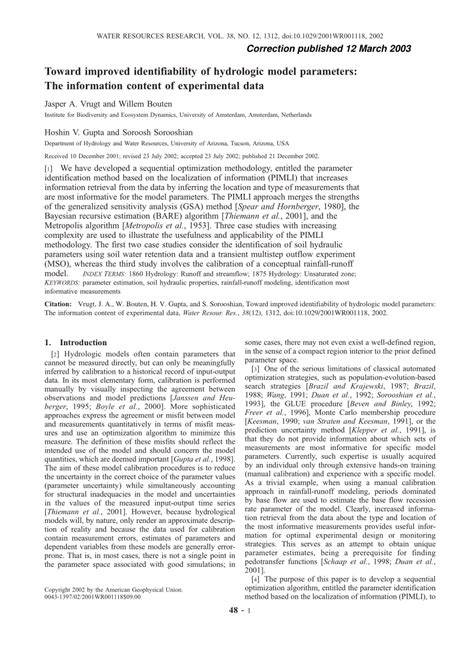 Pdf Toward Improved Identifiability Of Hydrologic Model Parameters The Information Content Of