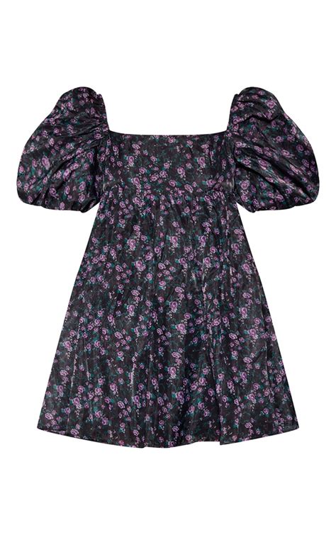Black Ditsy Print Puff Sleeve Organza Shift Dress Prettylittlething