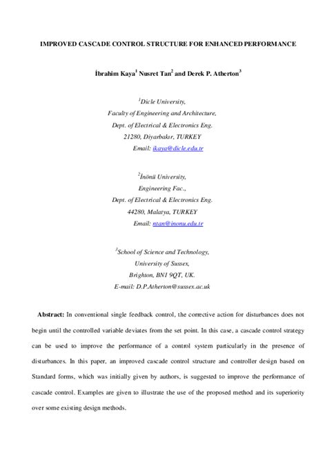 Pdf Improved Cascade Control Structure For Enhanced Performance