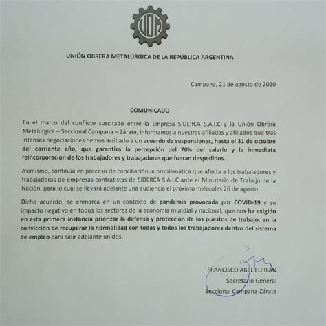 Gba Zona Norte Uom Y Siderca Acuerdan Rebaja Salarial Suspensiones Y
