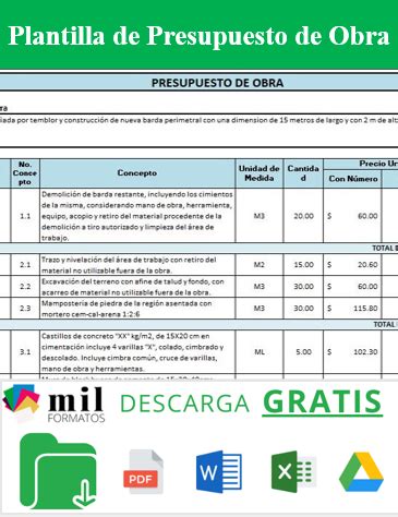 Presupuesto De Obra Ejemplos Y Formatos Excel Word Y Pdfs Images