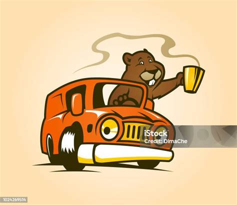 Karakter Kartun Marmot Lucu Dengan Secangkir Kopi Atau Teh Mengendarai