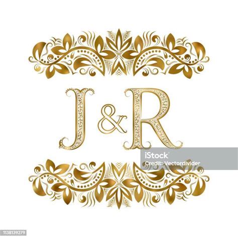 J 및 R 빈티지 이니셜 기호입니다 문자는 장식 요소에 둘러싸여 있습니다 결혼식 또는 비즈니스 파트너 로얄 스타일의 모노 그램