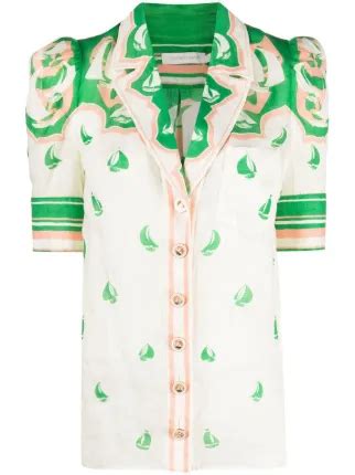 ZIMMERMANN High Tide Sailboat Print Short Sleeve Shirt Neutrals