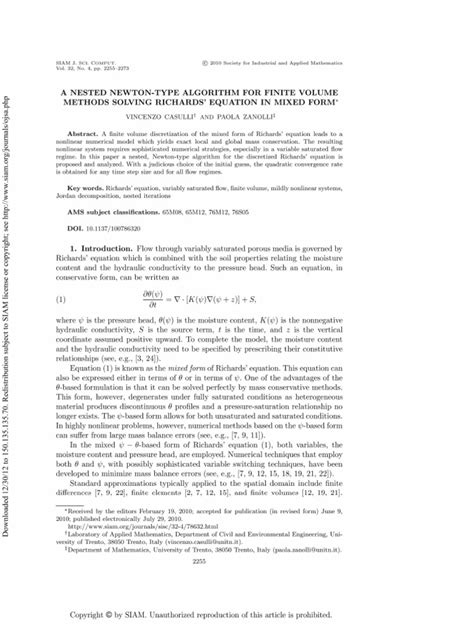 A Nested Newton Type Algorithm For Finite Volume Methods Solving