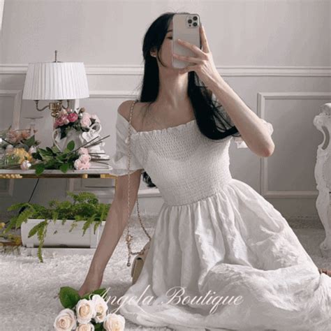 신상할인리본 반팔 스모크 롱 원피스 오프숄더 퍼프 프릴 소매 봄 여름 가을 A라인 공주 여신 룩 에이블리