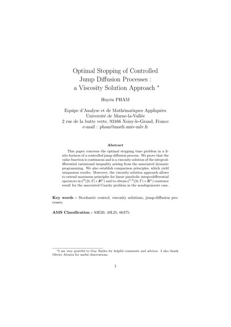 Pdf Optimal Stopping Of Controlled Jump Diffusion Processes A