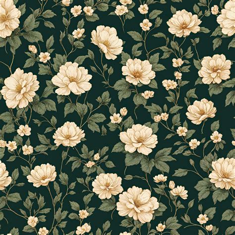 Dark Green And Creamy Floral Wallpaper Elegant Botanical Wall Covering