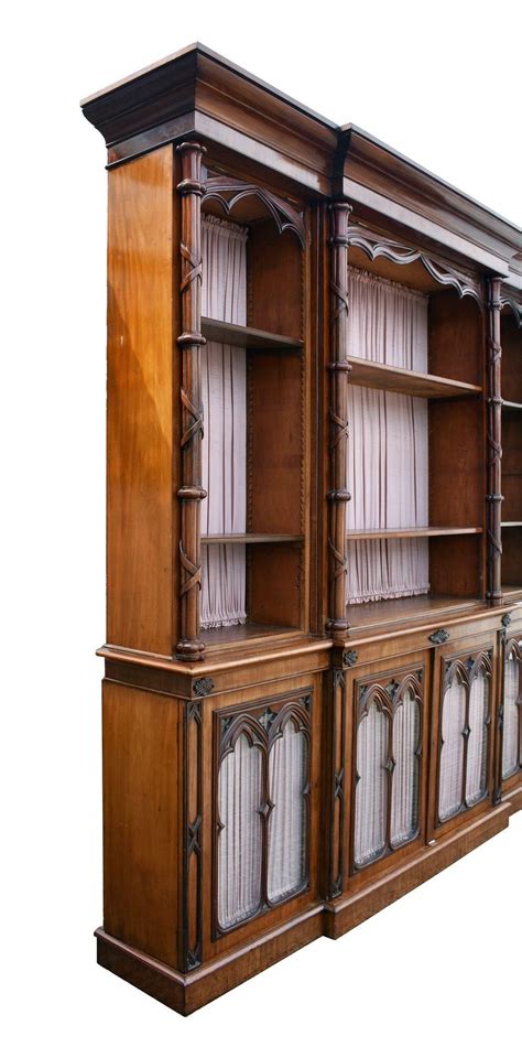 Victorian Mahogany Gothic Revival Puginstic Breakfront Bookcase For