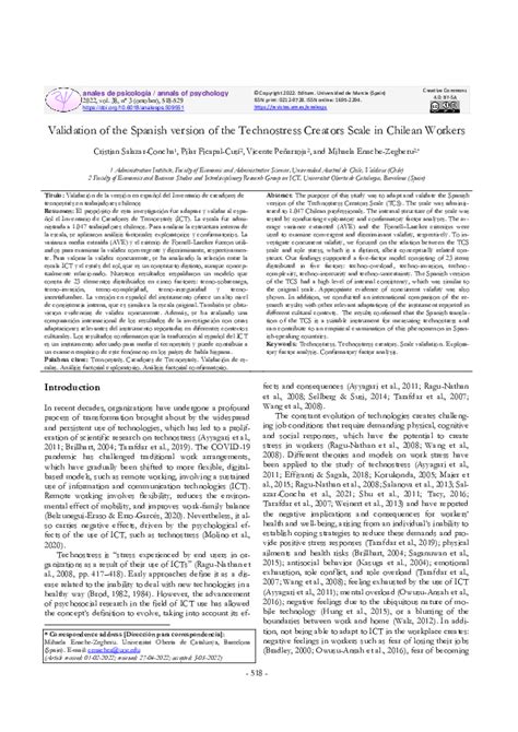 Pdf Validation Of The Spanish Version Of The Technostress Creators Scale In Chilean Workers