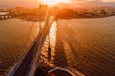 Old Cable Bridge With Sunset In Florianopolis Drone View Stock Image