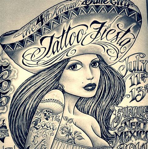A Drawing Of A Woman Wearing A Sombrero With Tattoos On Her Arm And Chest