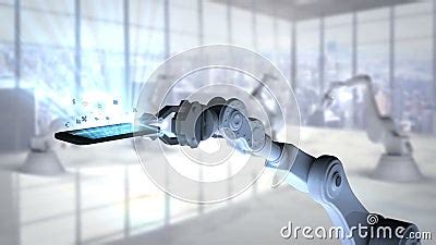 Robotic Hand Presenting Illuminated Mobile Phone With Mathematics Icon