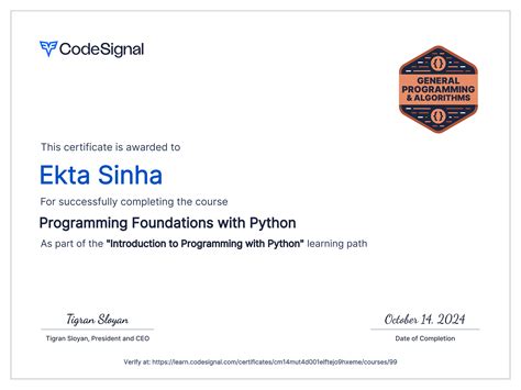 Course certificate for Programming Foundations with Python | CodeSignal Learn