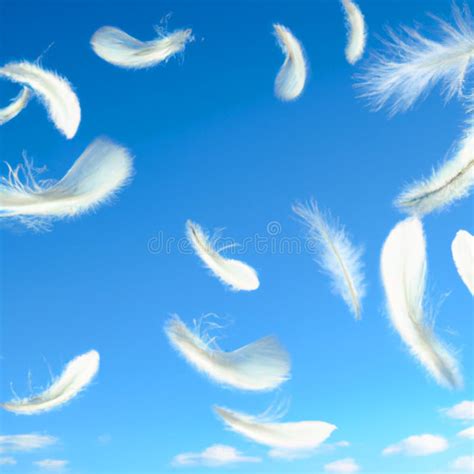 Fluffy White Feathers Falling Down In A Blue Sky Feather Floating