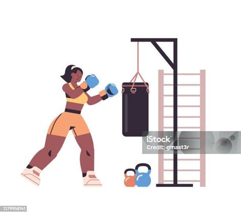 여성 복서 는 펀칭 가방 훈련 건강 라이프 스타일 복싱 개념과 운동을하고 권투 스포츠에 대한 스톡 벡터 아트 및 기타 이미지 권투 스포츠 가공의 인물 개념 Istock