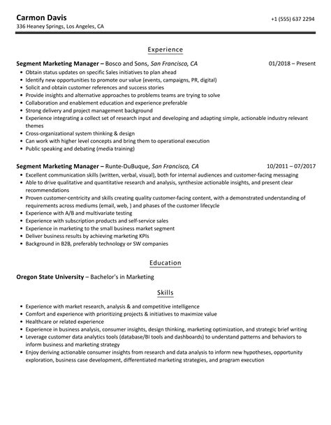 Segment Marketing Manager Resume Samples Velvet Jobs