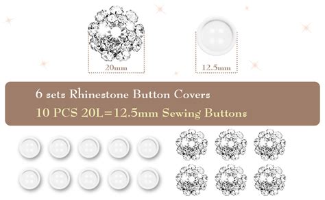 6 Sets Rhinestone Button Covers Silver White Diamante Crystal Buttons