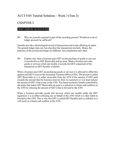 Tutorial Solution 2 Tute 1 Acct1101 Tutorial Solutions Week 3