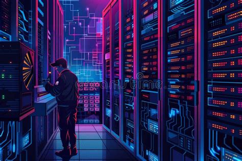 man working in a server room design a visually striking artwork that showcases the efficiency