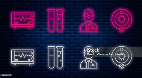 세트 라인 테스트 튜브 및 플라스크 화학 실험실 과학자 심장 및 태양계컴퓨터 모니터 벽돌 벽에 빛나는 네온 아이콘 벡터 건강 검진에 대한 스톡 벡터 아트 및 기타 이미지
