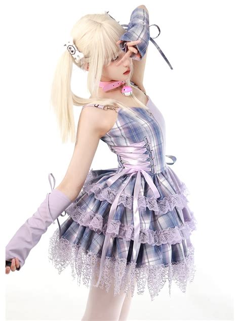 Purple Plaid Lace Slip Dress Tiered Ruffles Skirt