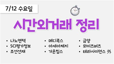 오늘 장마감 후 시간외거래 종목 정리 나노엔텍 Sci평가정보 조선선재 메디콕스 아세아제지 가온칩스 금양 와이즈버즈