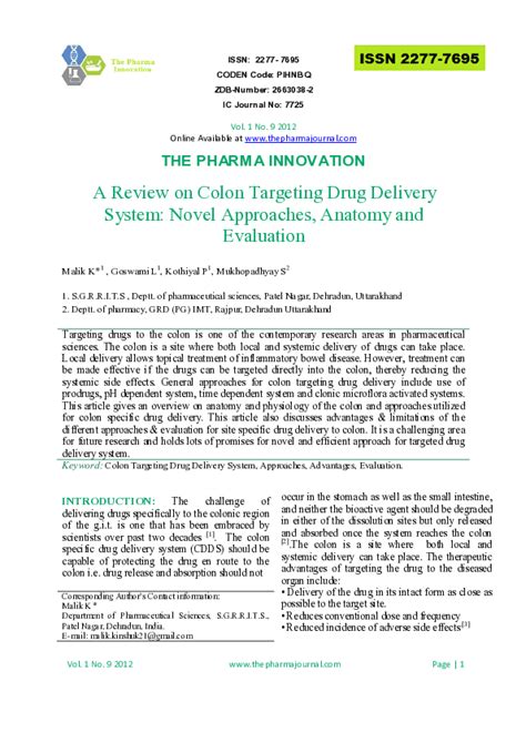 Pdf A Review On Colon Targeting Drug Delivery System Novel Approaches Anatomy And Evaluation