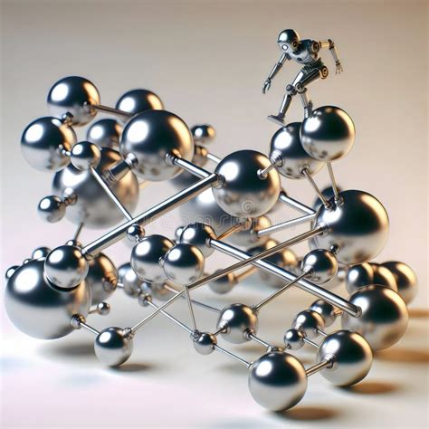 a small robot stands atop a complex metallic structure of spheres and