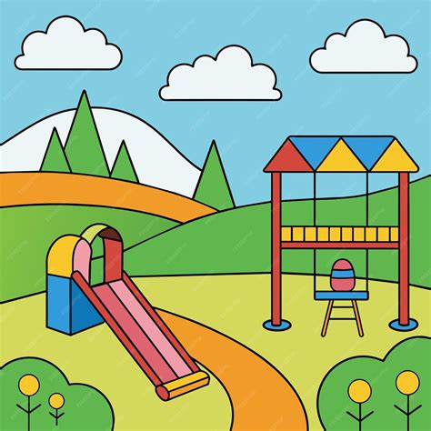 A Cartoon Drawing Of A Playground With A Slide And Trees Premium Ai